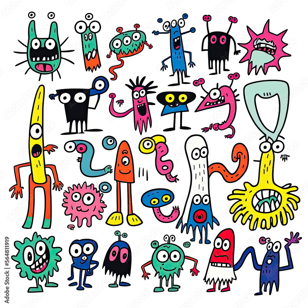 set of colorful cartoon Doodle creatures and monsters illustration sprite flash sheet style on ...