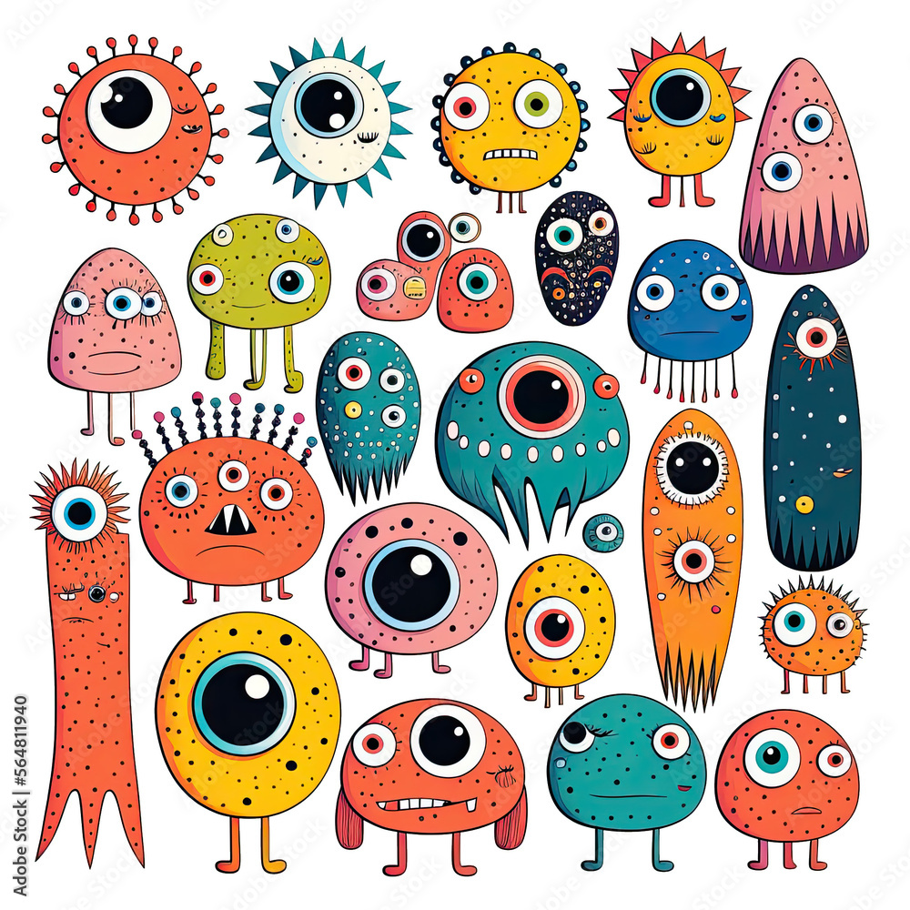 set of colorful cartoon polka dot creatures and monsters illustration ...