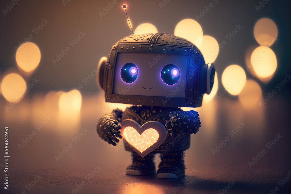 cute little robot with a glowing heart as a valentine's day concept ...