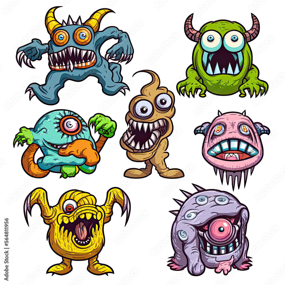 set of colorful creepy cartoon creatures and monsters illustration ...