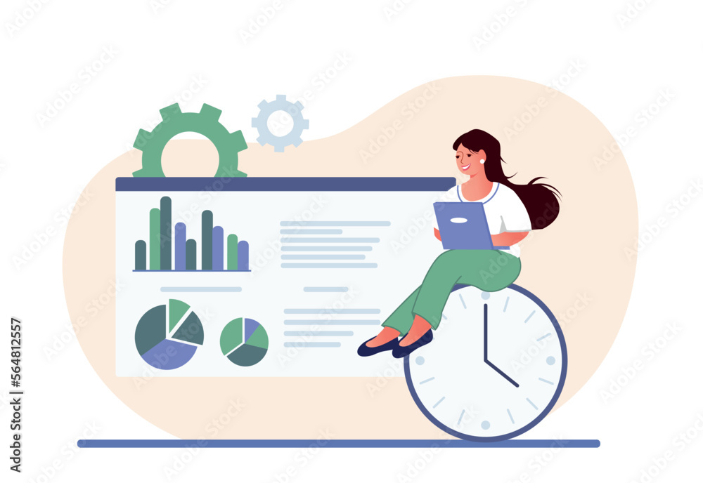 Woman with graphs. Girl sits at clock with laptop and looks at charts ...