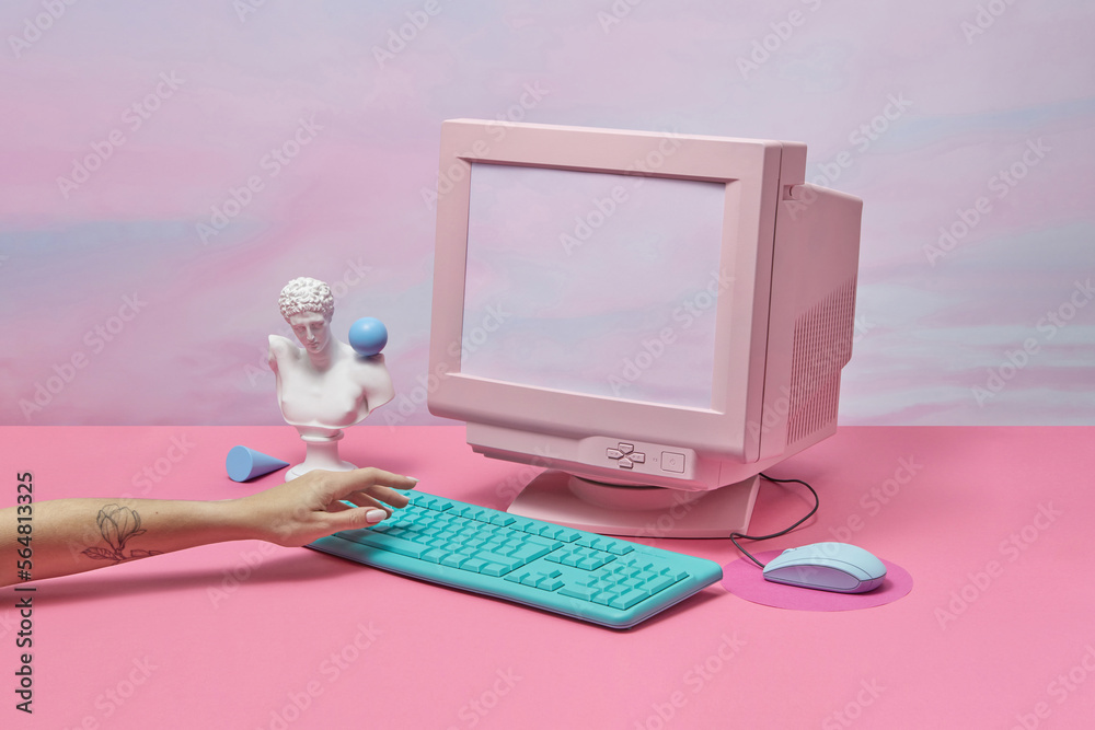 Old PC with keyboard being touched by woman. Stock Photo | Adobe Stock