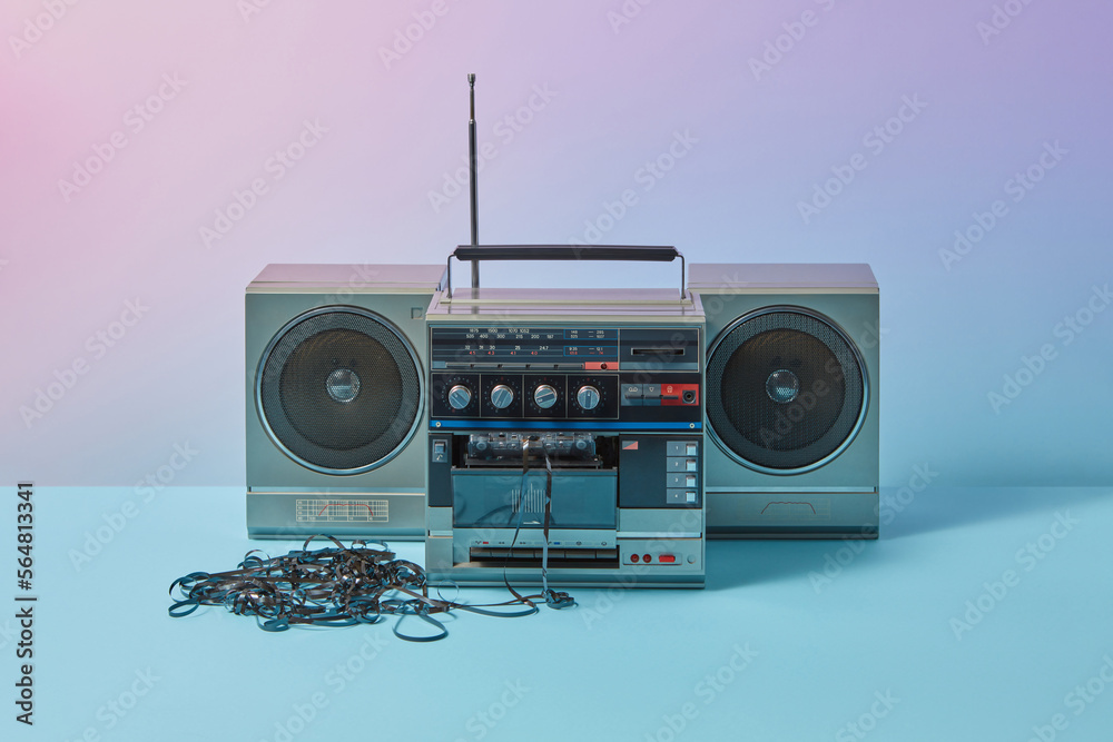 Music stereo system with tangled cassette tape. Stock Photo | Adobe Stock
