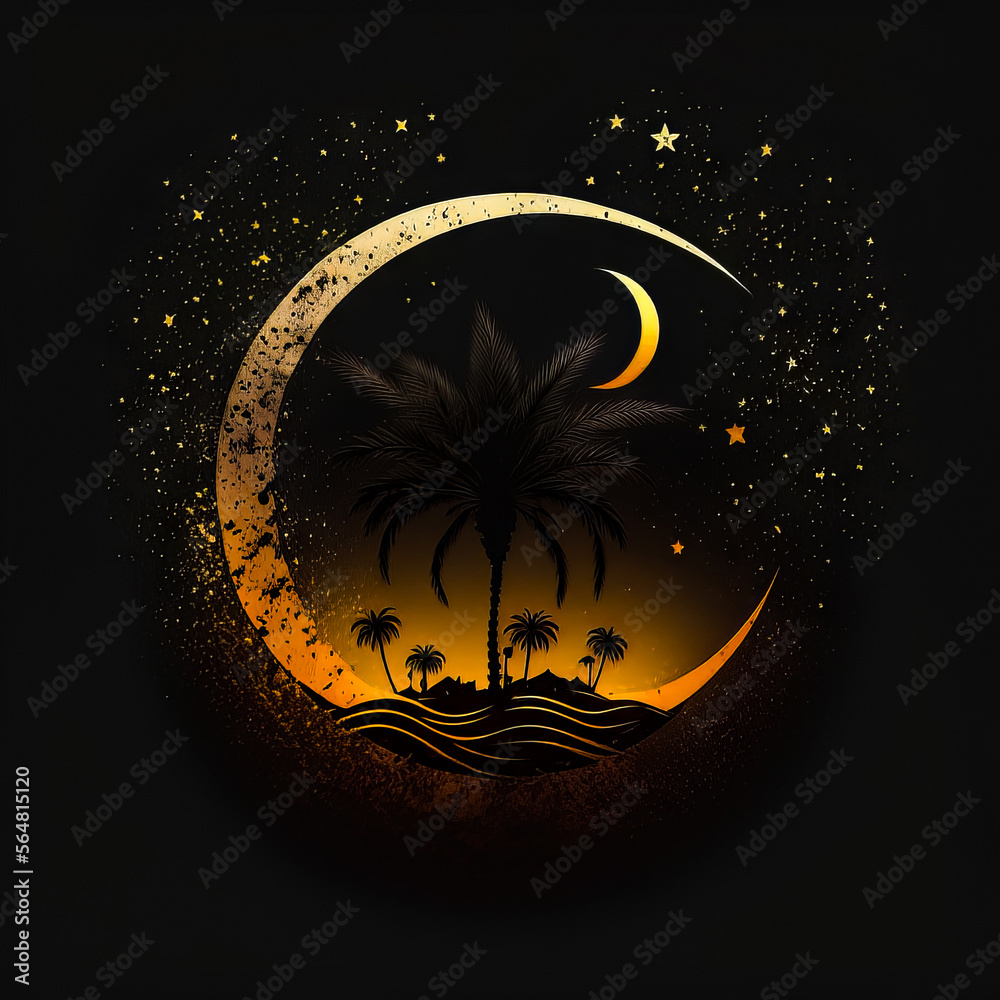 Moon and Stars over beach scene. 80s inspired retro wave logo design ...