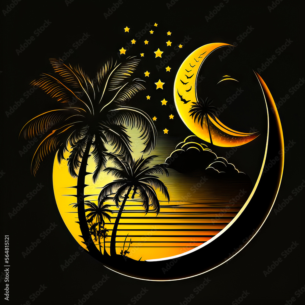 Moon and Stars over beach scene. 80s inspired retro wave logo design ...
