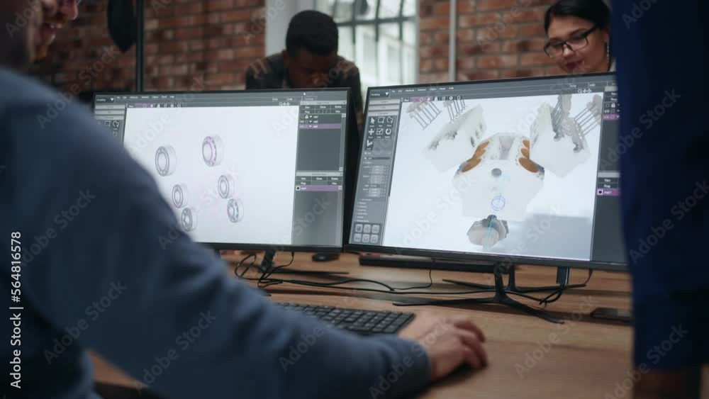 creating 3D model of modern engine and machinery in project office of ...