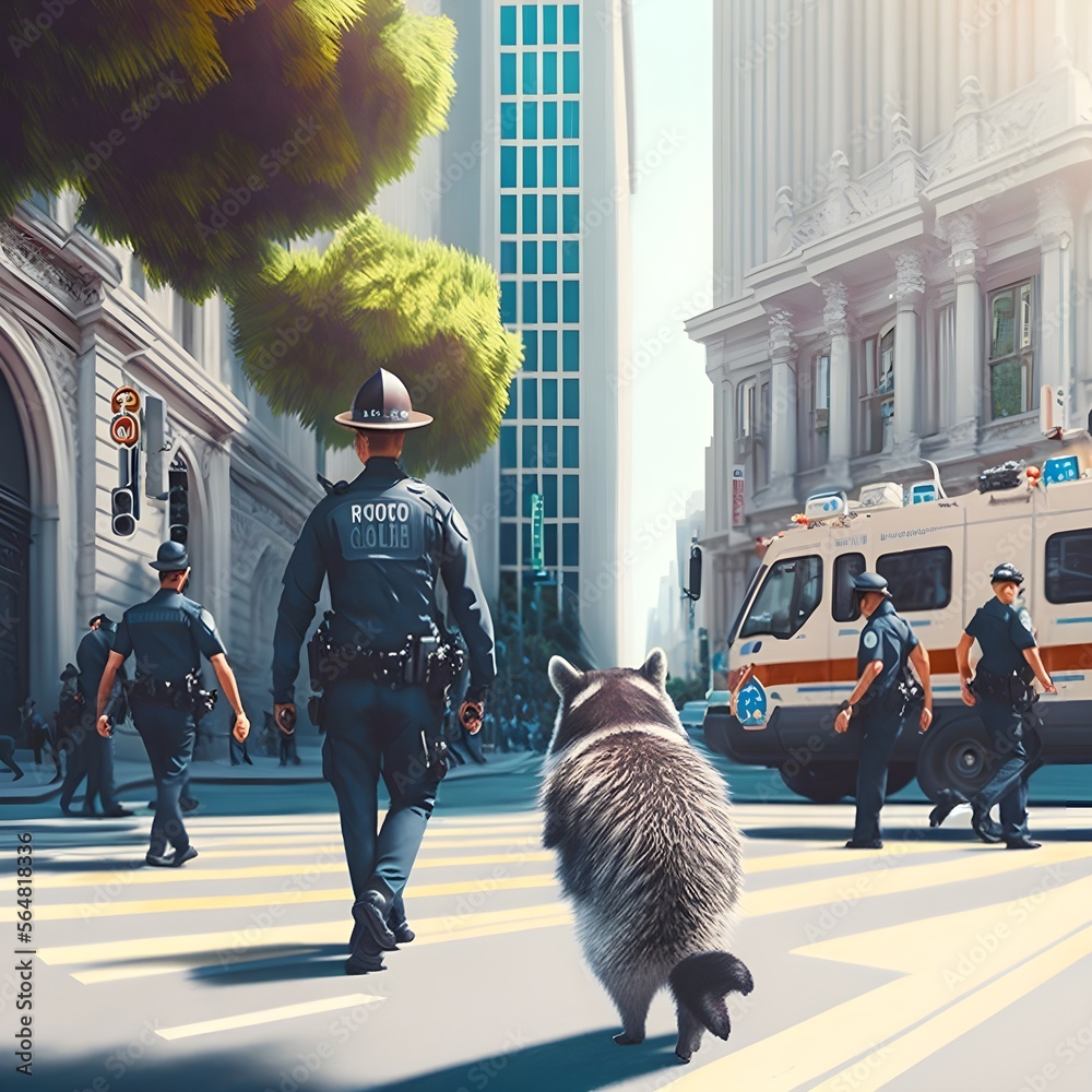 raccoons in a police uniform walking in the streets of San Francisco ...