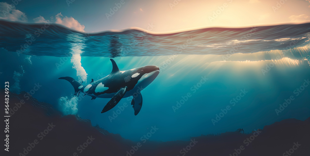Killer whale in the ocean, photography of a killer whale in the sea ...