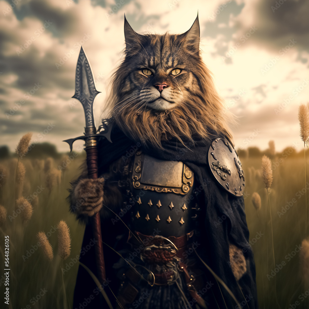 cat in medieval armor with spear in hand in a field Stock Illustration ...