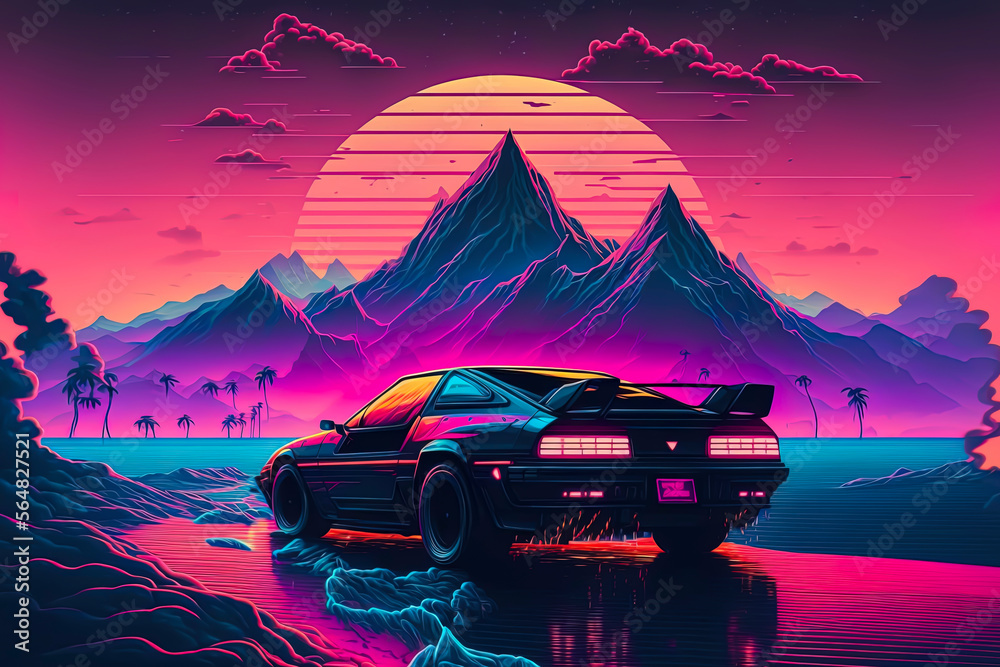 Retro futuristic back side view 80s supercar on trendy synthwave ...