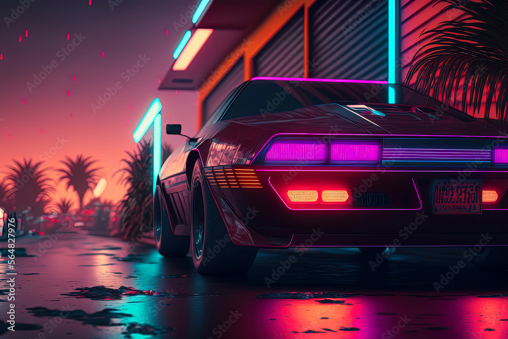 Retro futuristic back side view 80s supercar on trendy synthwave ...