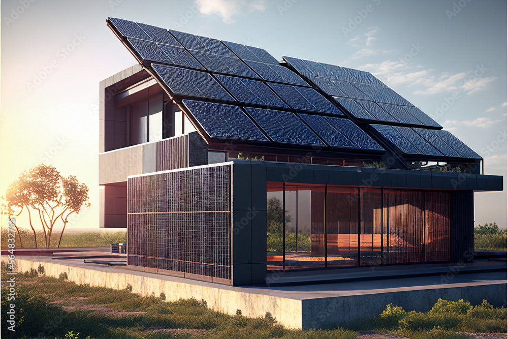 newly constructed homes with solar panels on the roof under a bright ...