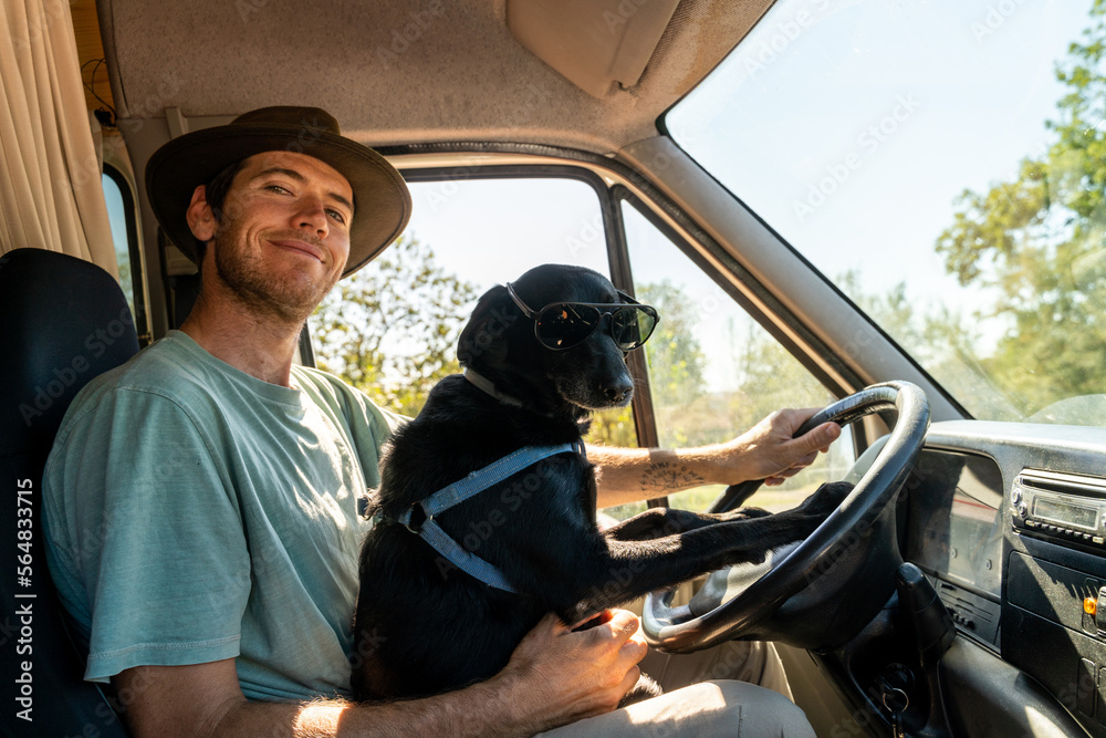 Man and dog driving car Stock Photo | Adobe Stock