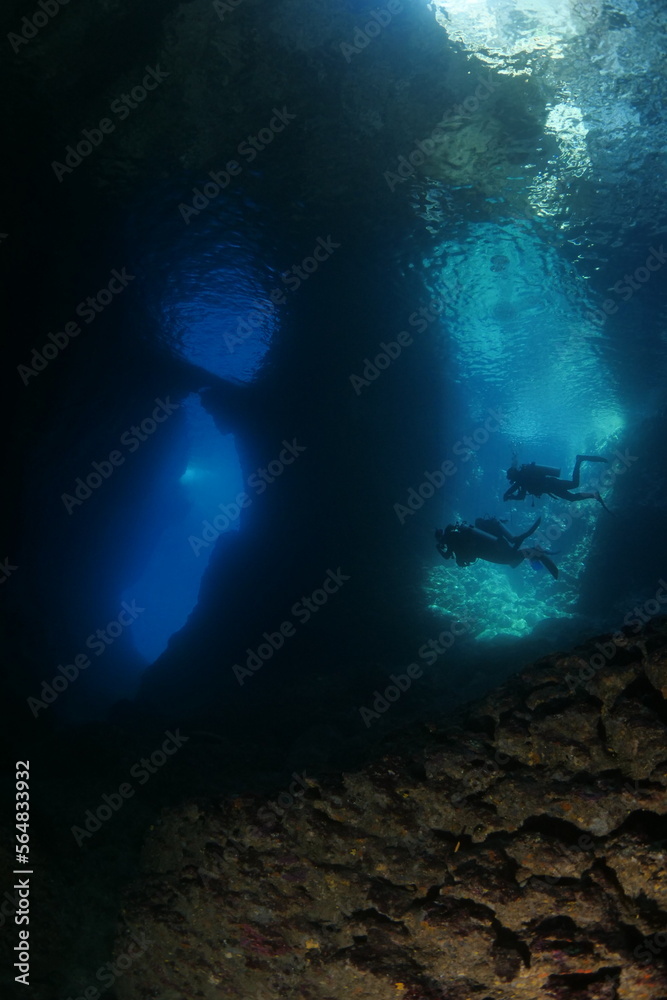 caves underwater cave dive blue reflection on surface background Stock ...