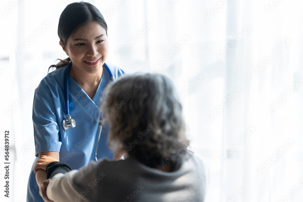 Female doctor provide medical service help support smiling old grandma ...