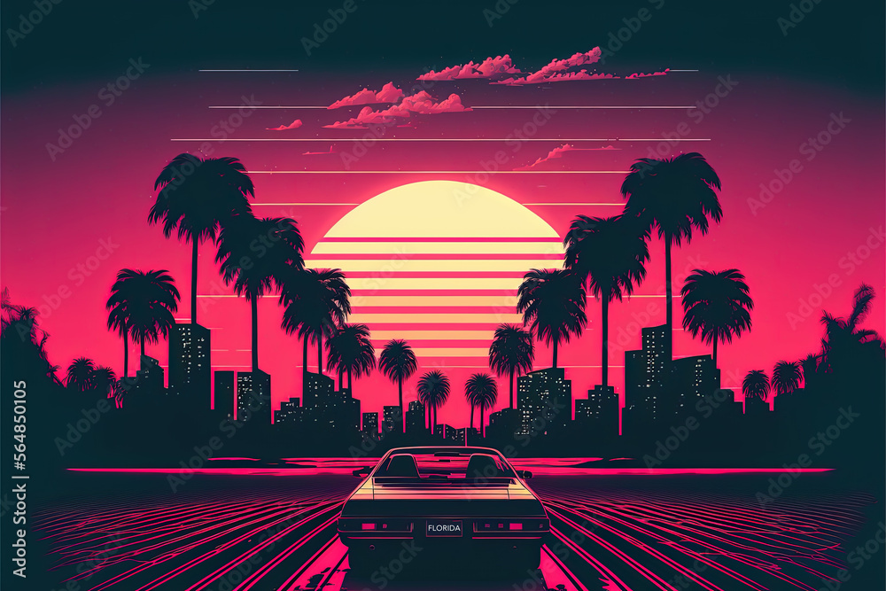 Synth wave retro Miami city landscape background at sunset, digital ...