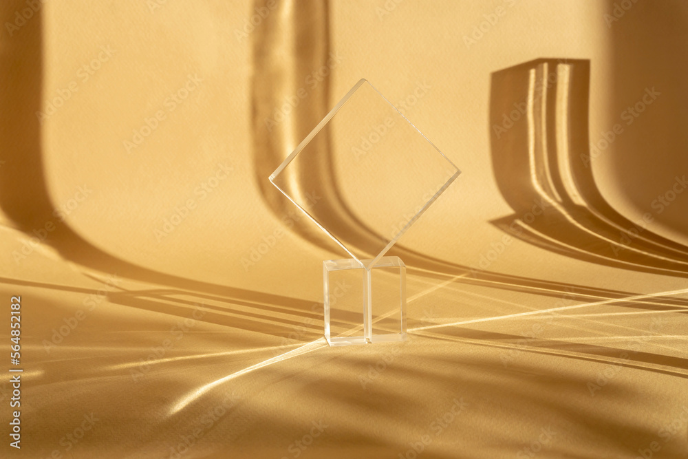 Glass prisms of various shapes with complex reflection and hard shadows ...