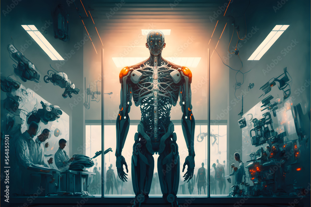 cyborg man standing in lab with humans created using AI Generative ...