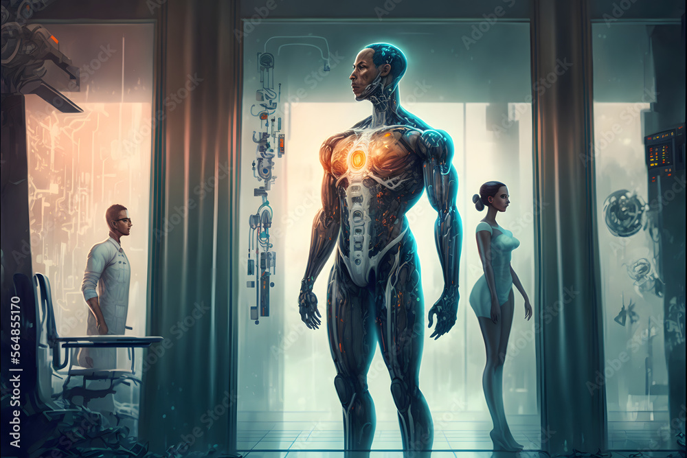cyborg man standing in lab with humans created using AI Generative ...