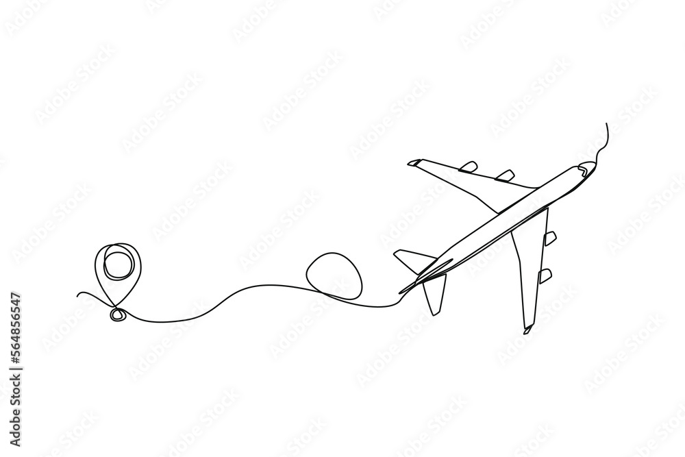 Single one line drawing airplane flight route with starting point and ...
