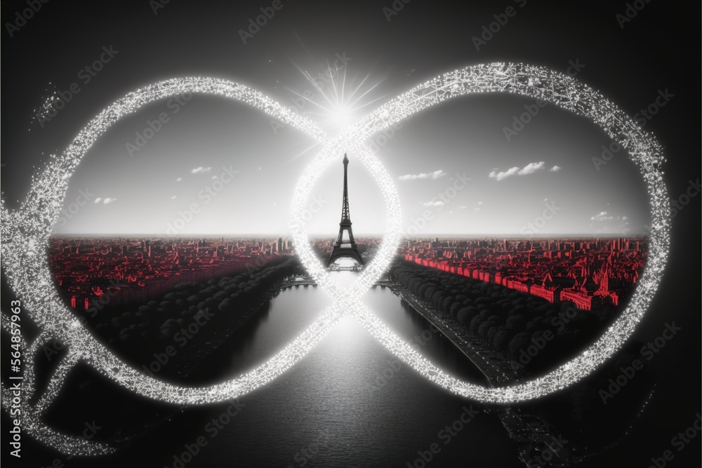 White laser infinity symbol of eternal love in front of Eiffel Tower ...