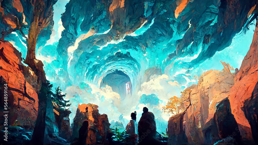 The scene inside the cave the exit is a forest and sky illustration ...