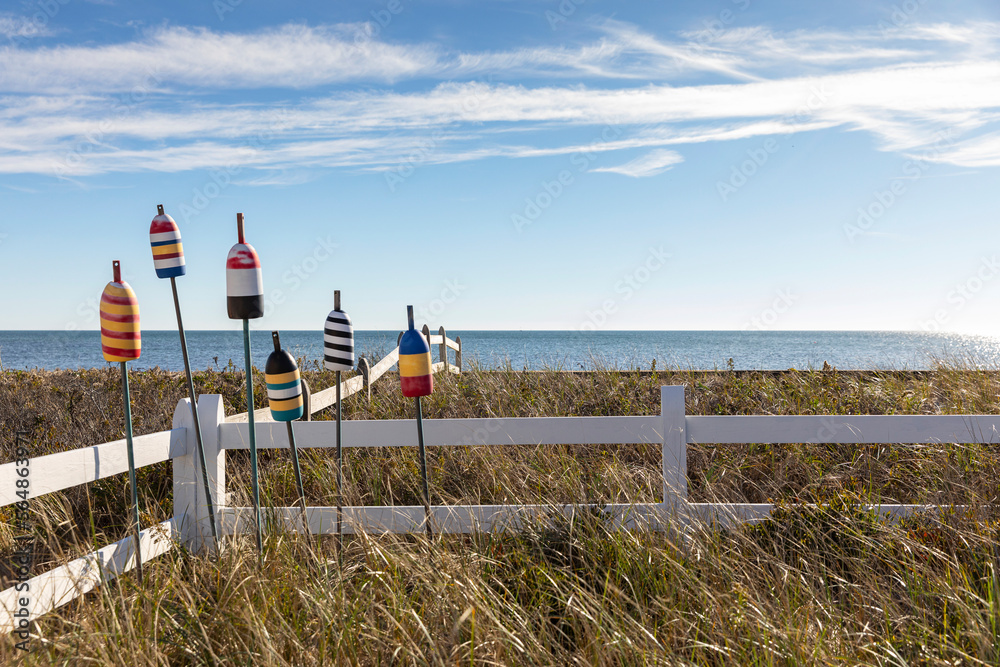 Cape Cod Ocean Landscape with nature dune grass and lobster buoys Stock ...