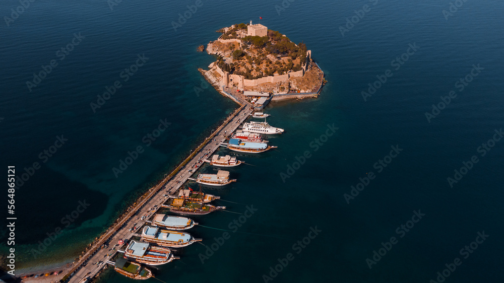 small island connected by a bridge with land, drone overhead Stock ...