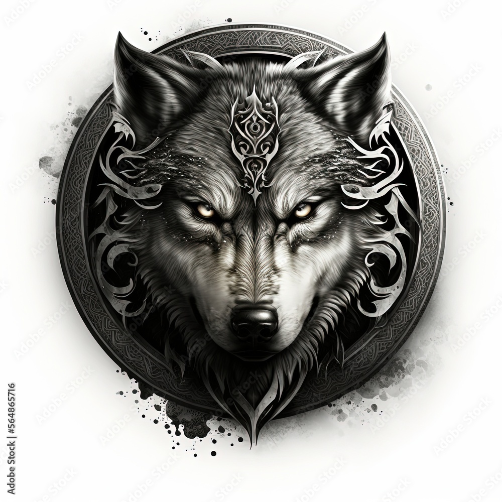 Emblem illustration, wolf amulet in silver circle, logo, white ...