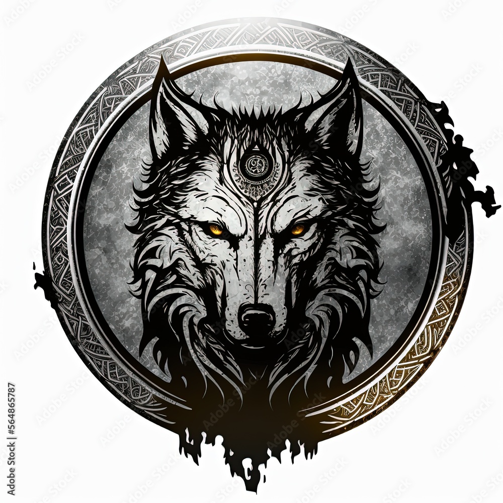 Emblem illustration, wolf amulet in silver circle, logo, white ...