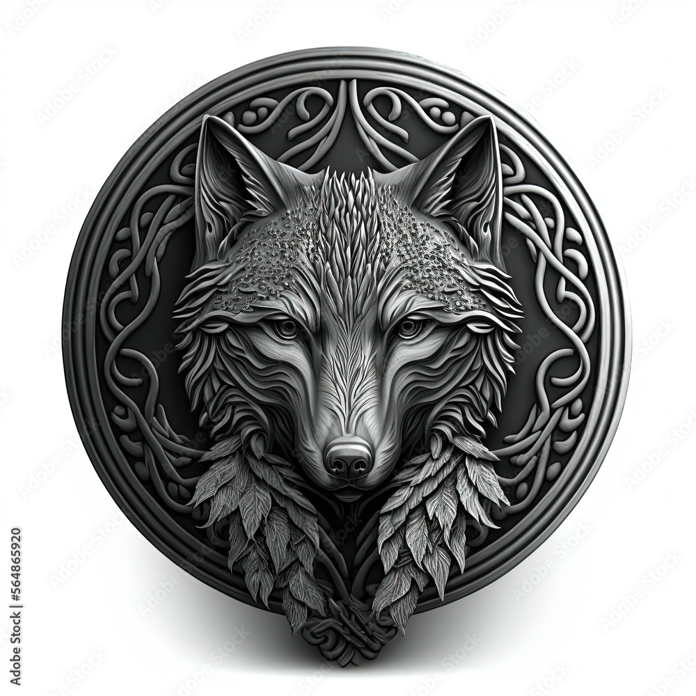 Emblem illustration, wolf amulet in silver circle, logo, white ...