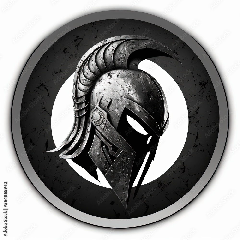 Spartan helmet emblem illustration in silver circle, logo, white ...