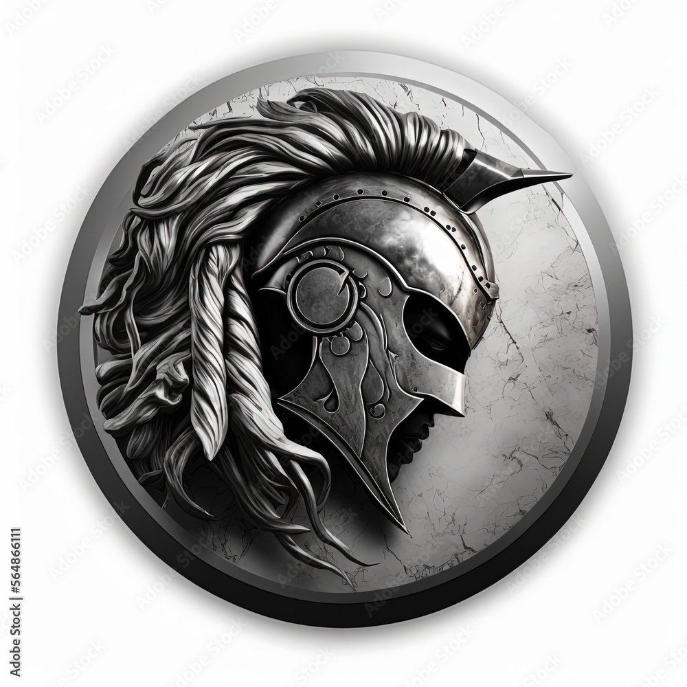 Spartan helmet emblem illustration in silver circle, logo, white ...