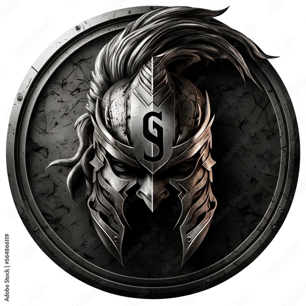 Spartan helmet emblem illustration in silver circle, logo, white ...
