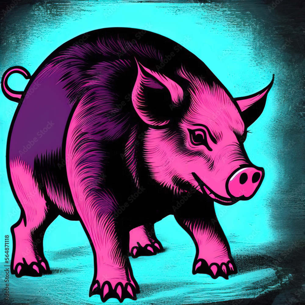 Pink Pork on Blue, Wild boar illustration, Blue Pork, Cartoon pork ...