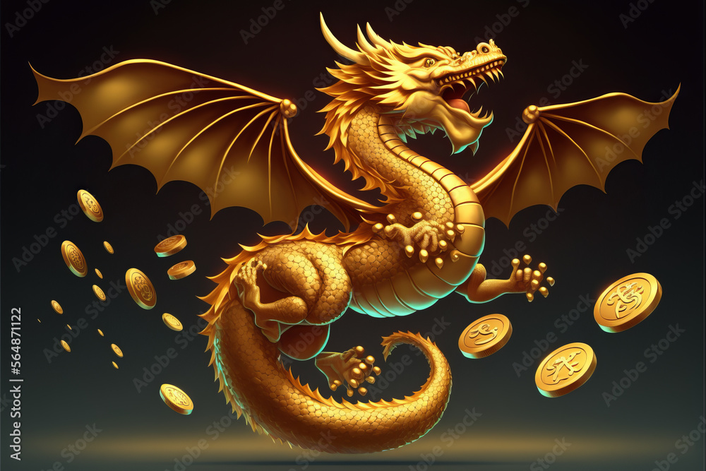 Flying Smile Chinese golden dragon and Flying gold coin on Black ...