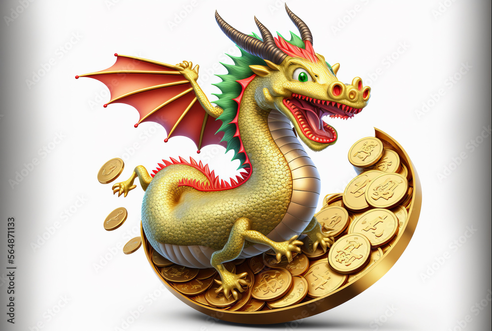 Flying Smile Chinese golden dragon and gold coin on white background ...