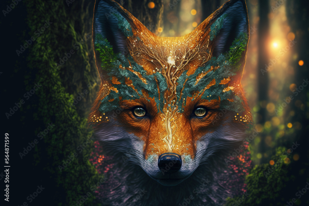 Fantastical Mythical Fox Face with Golden Spot - Generative AI Stock ...