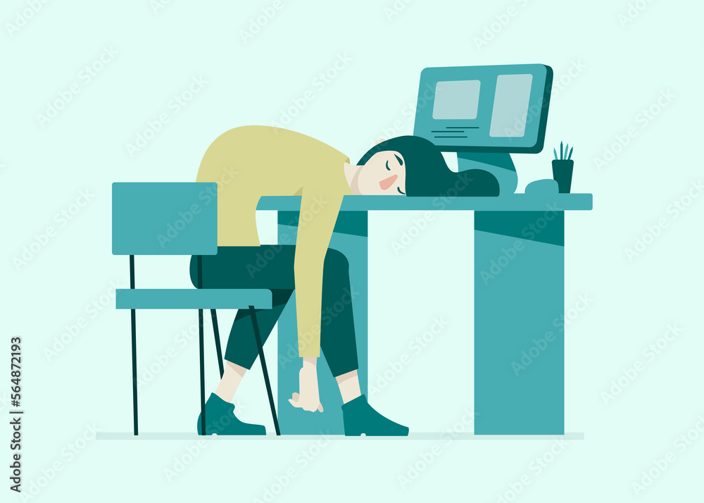Cartoon exhausted woman at work desk Stock Photo | Adobe Stock