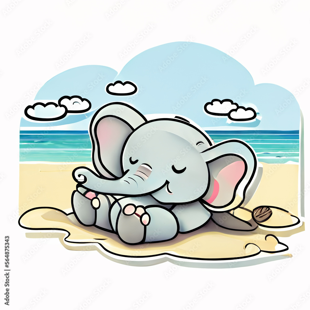 Ein kleiner süßer Elefant der am Strand in der Sonne relaxt Sticker ...