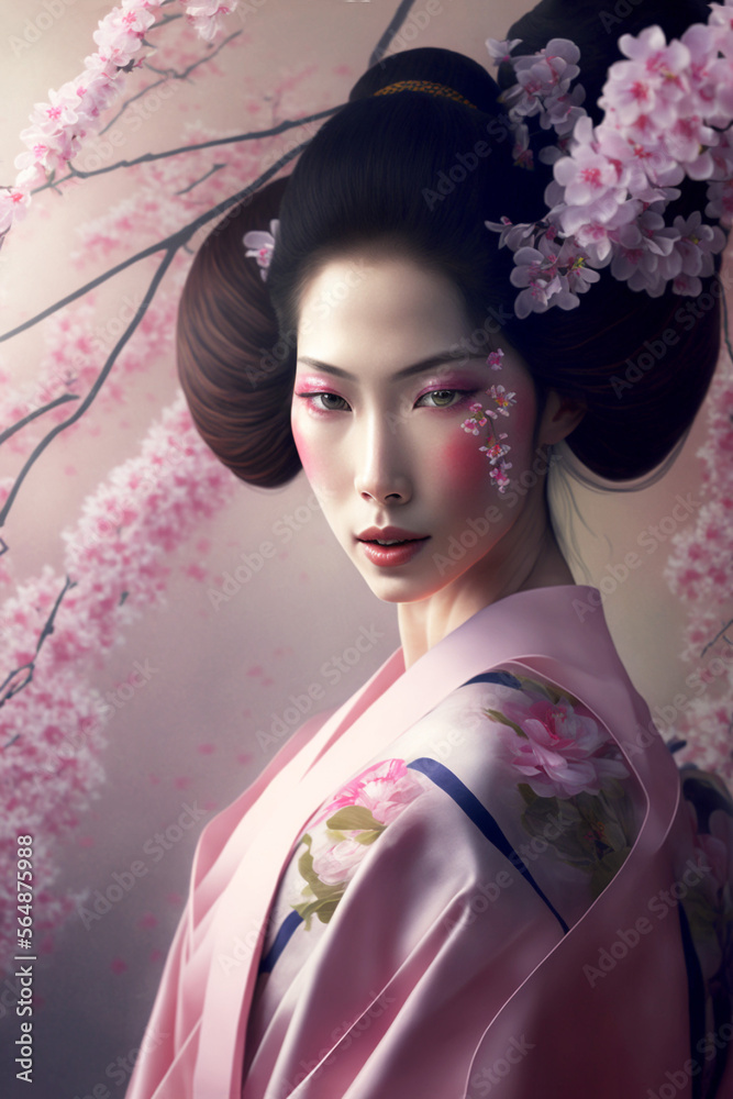 Intimate portrait of a Japanese Geisha in a floral / blossom time scene ...