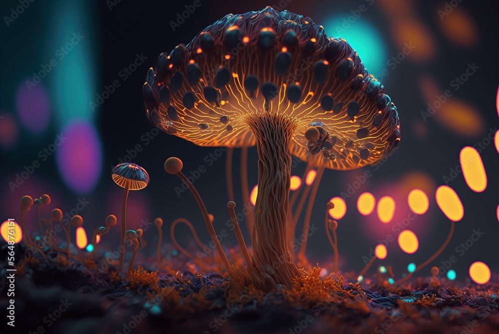 Magic mushroom glowing bright on mythical fantasy forest ground soil ...