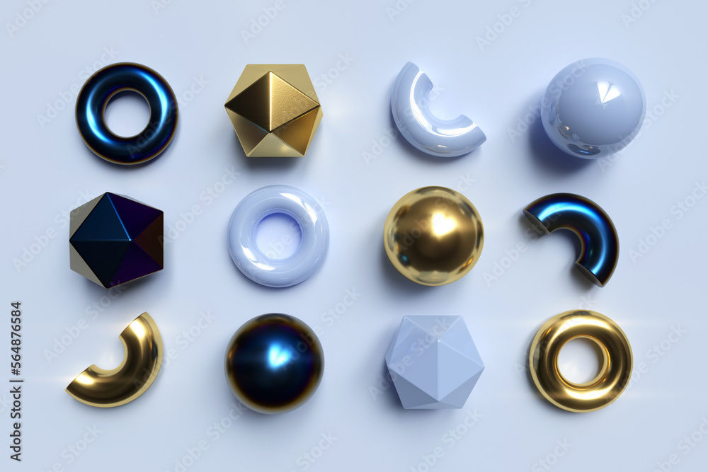 Set of abstract minimal 3d geometric shapes with different materials ...