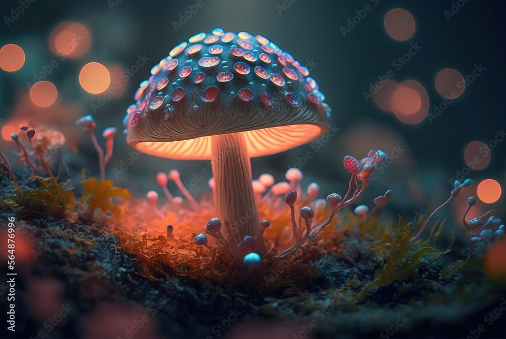 Magic mushroom glowing bright on mythical fantasy forest ground soil ...