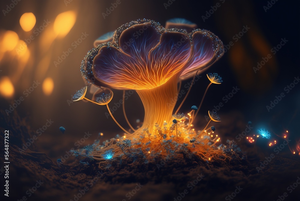 Magic mushroom glowing bright on mythical fantasy forest ground soil ...