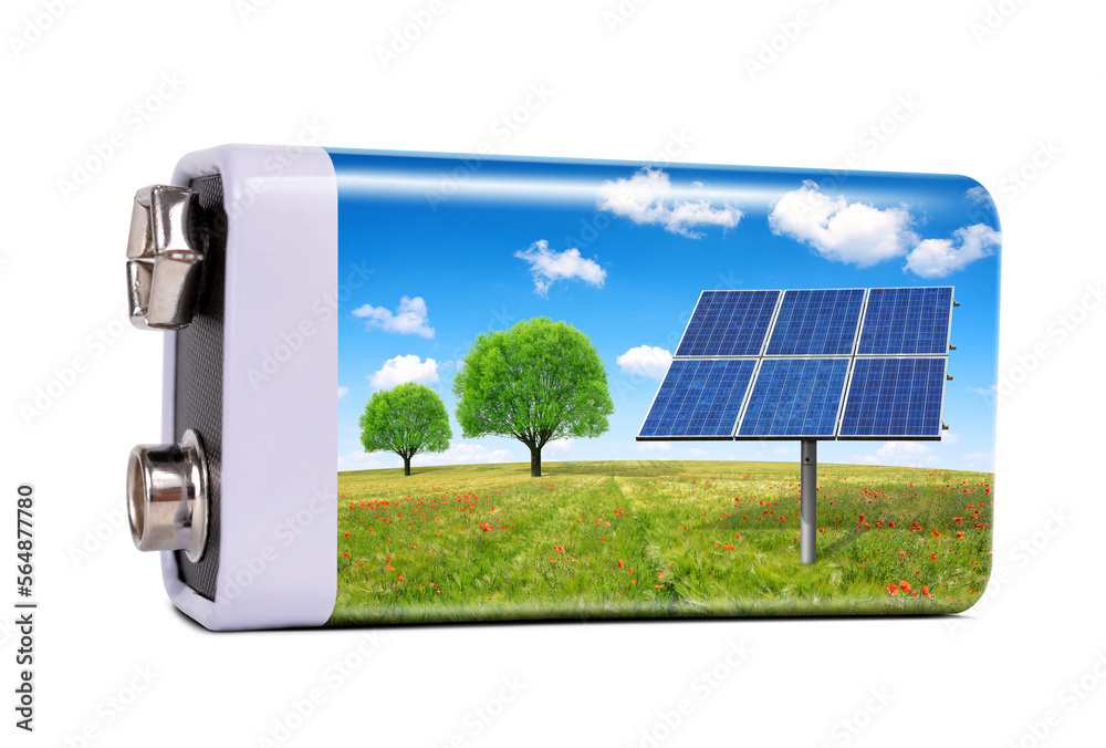 Battery with solar panels isolated on transparent background, PNG. The ...