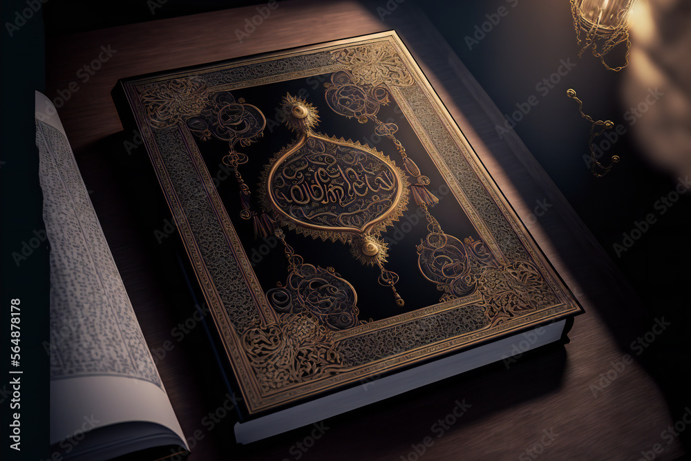 The Quran, a central text of Islam, is depicted in a striking poster ...
