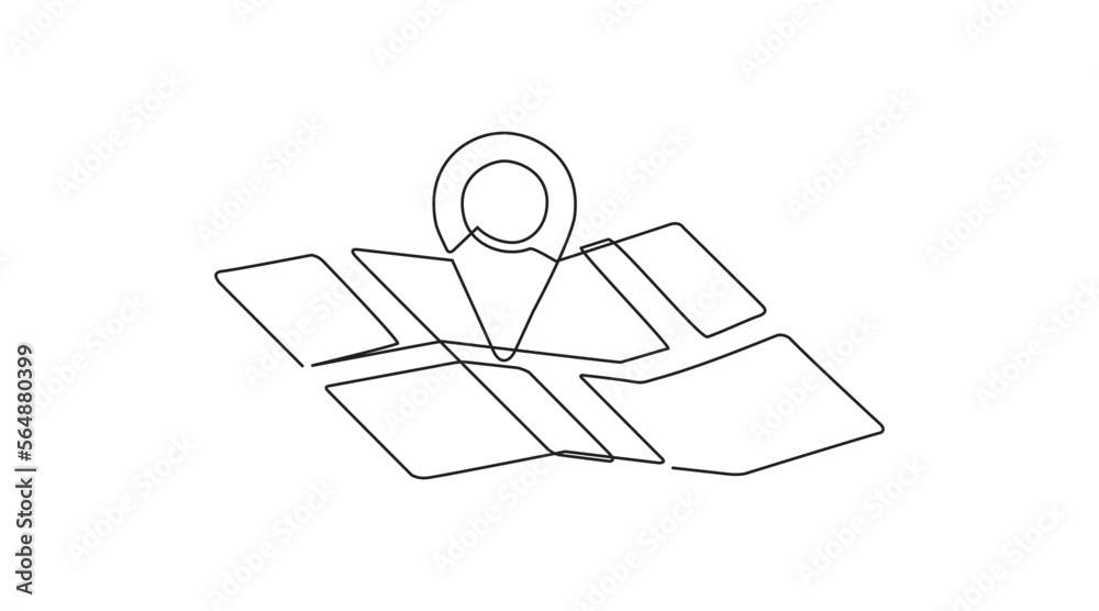 Continuous line drawing of paths and Location markers. Pin between a ...