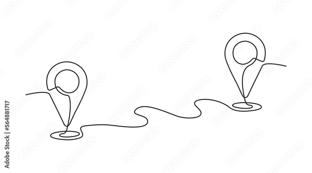 Continuous One Line Drawing Of Path And Location Pointers Simple Pins On Way Between Two Points