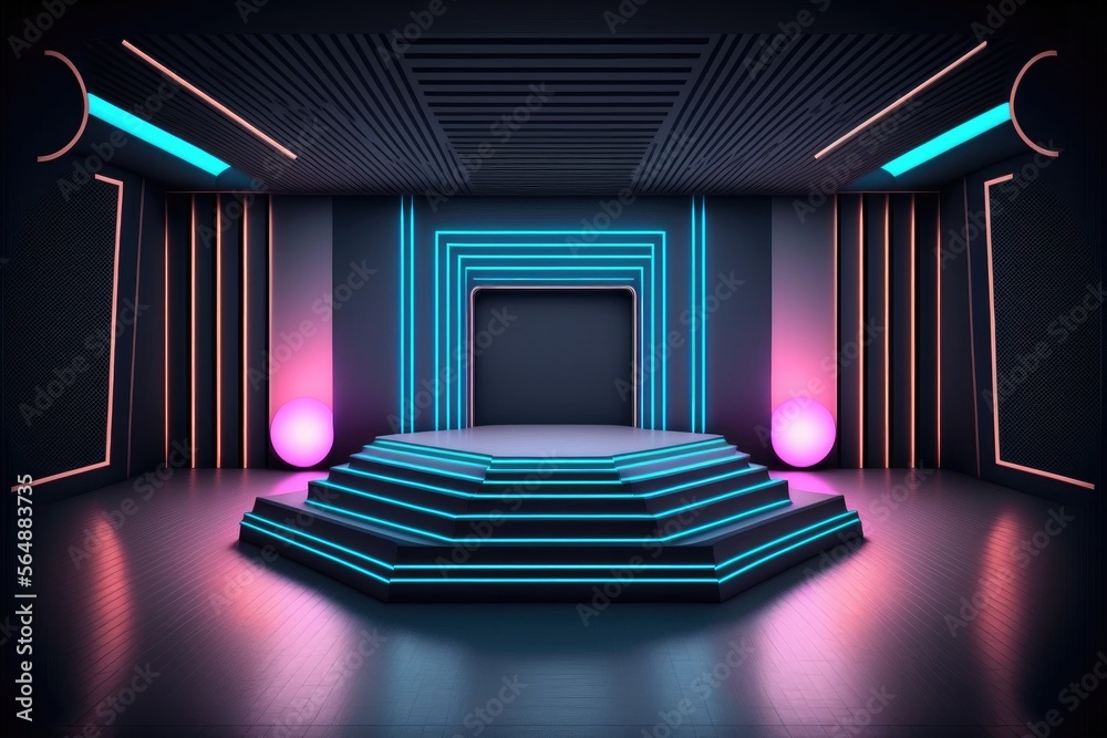 empty neon car showroom pedestal, or stage podium to showcase product ...